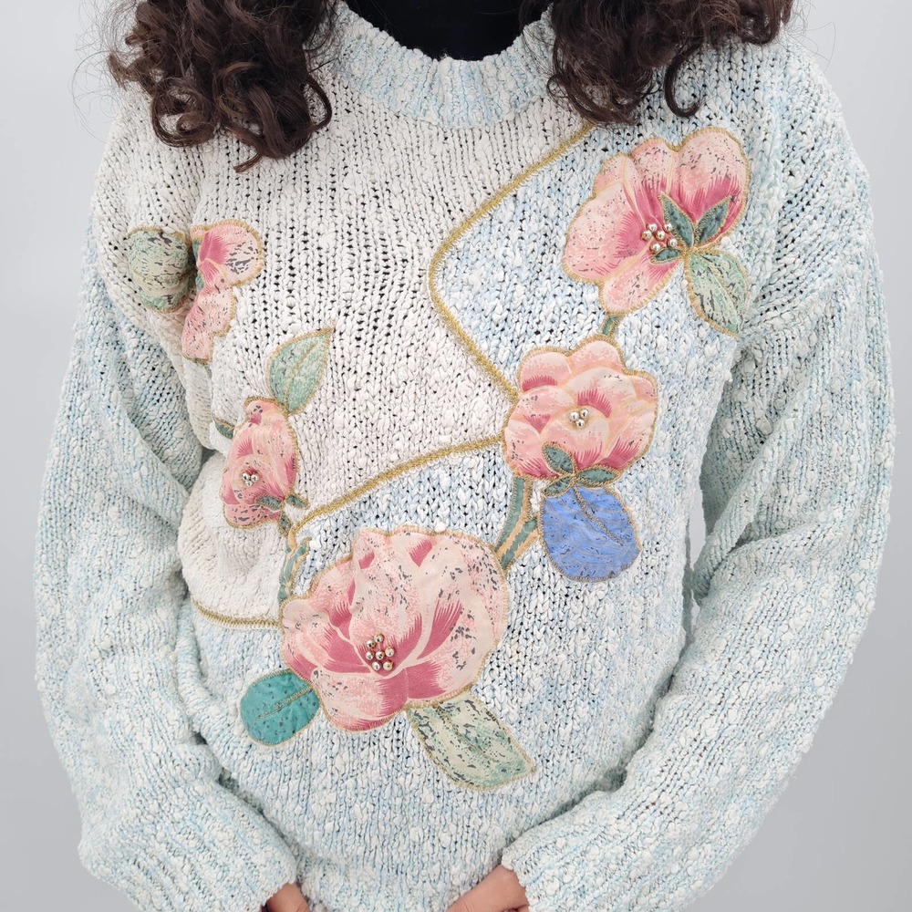 Vintage Cottagecore Knit Light Blue Floral Sweater Me… - Gem